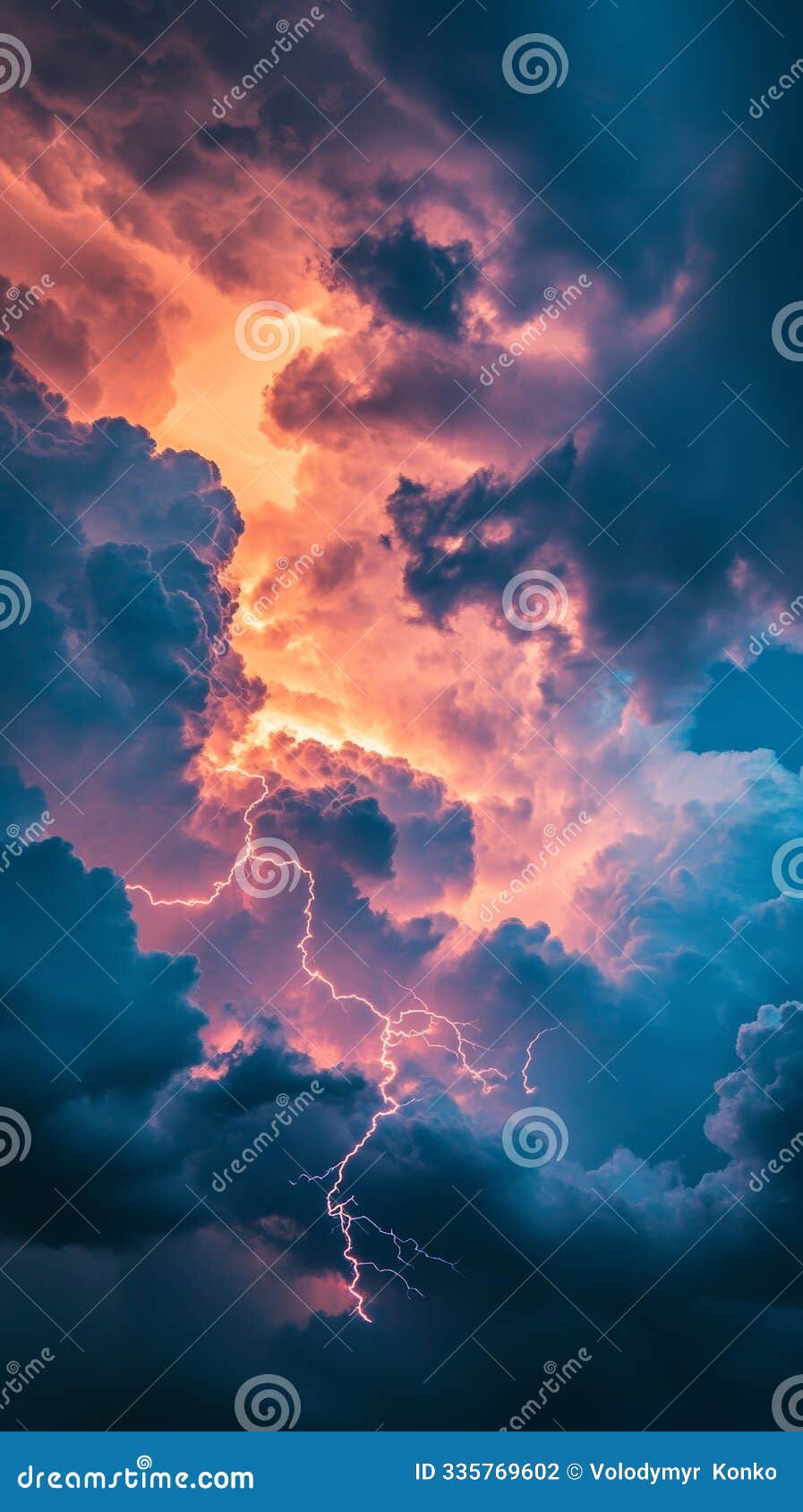 Dramatic Cloudy Sky with Lightning Bolt at Sunset Stock Photo - Image ...