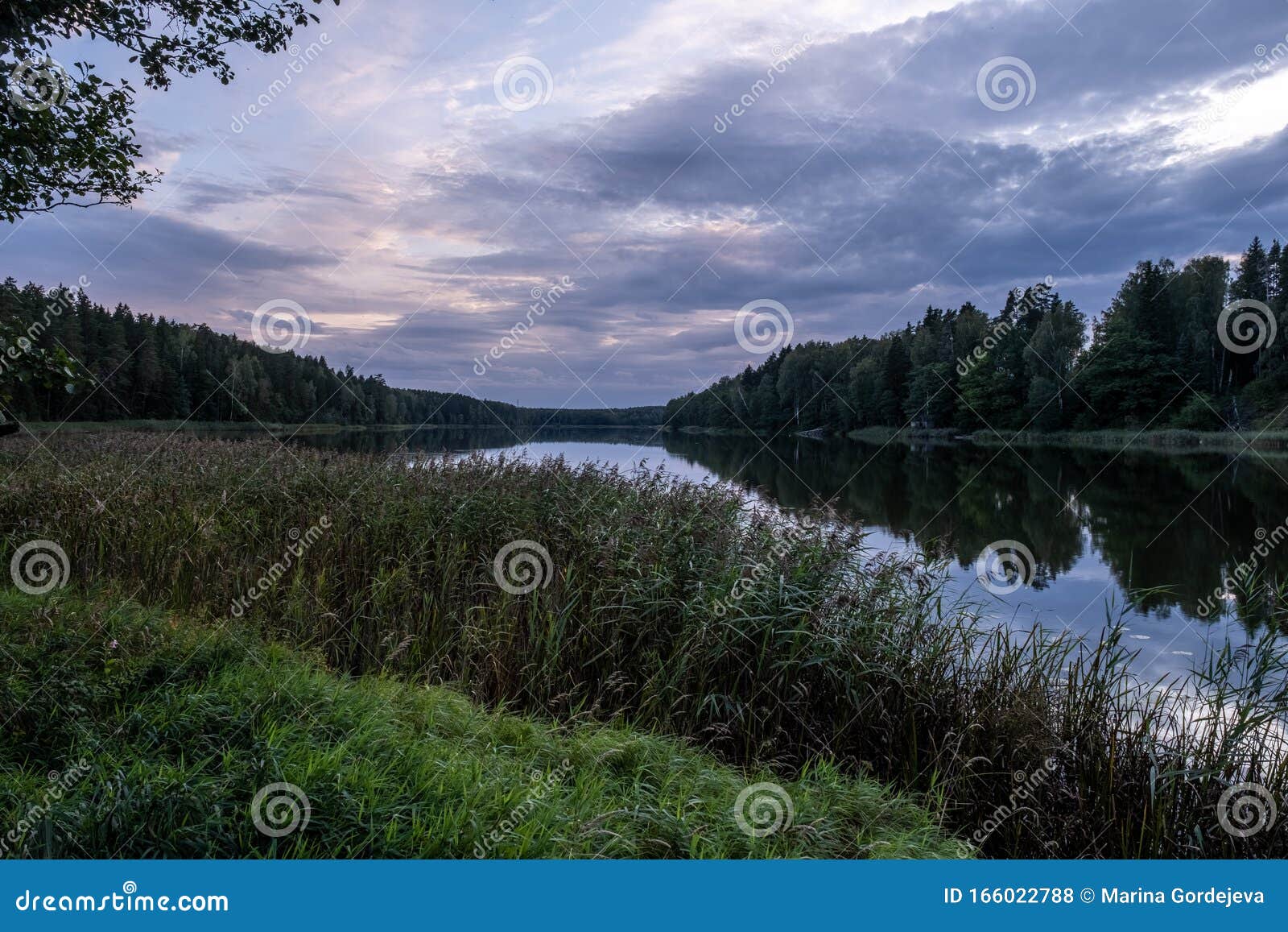 Dramatic Cloudy Sky Over a Small Forest Lake at Sunset. Landscape Scene ...