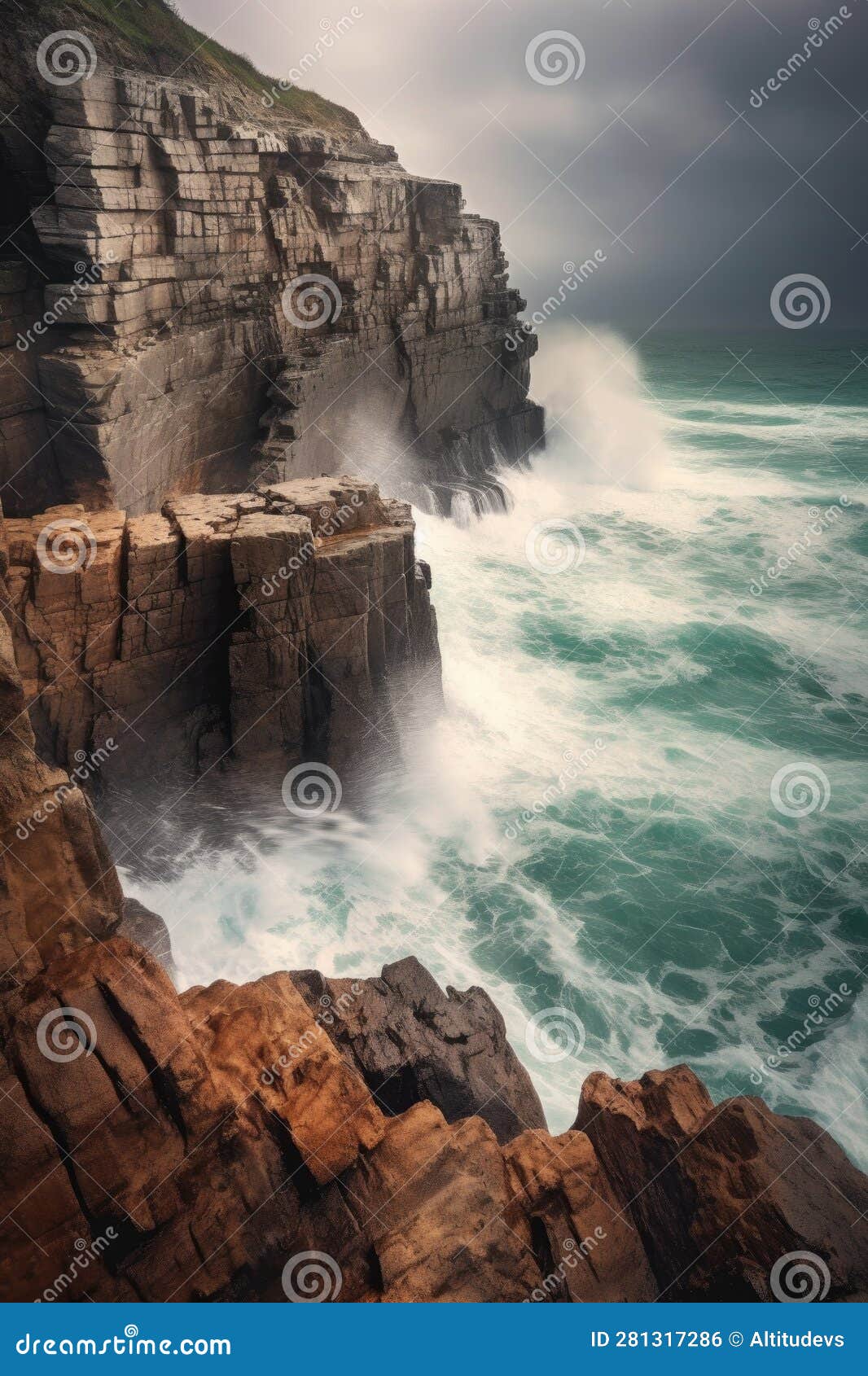 Dramatic Coastal Cliff with Crashing Ocean Waves Stock Illustration ...