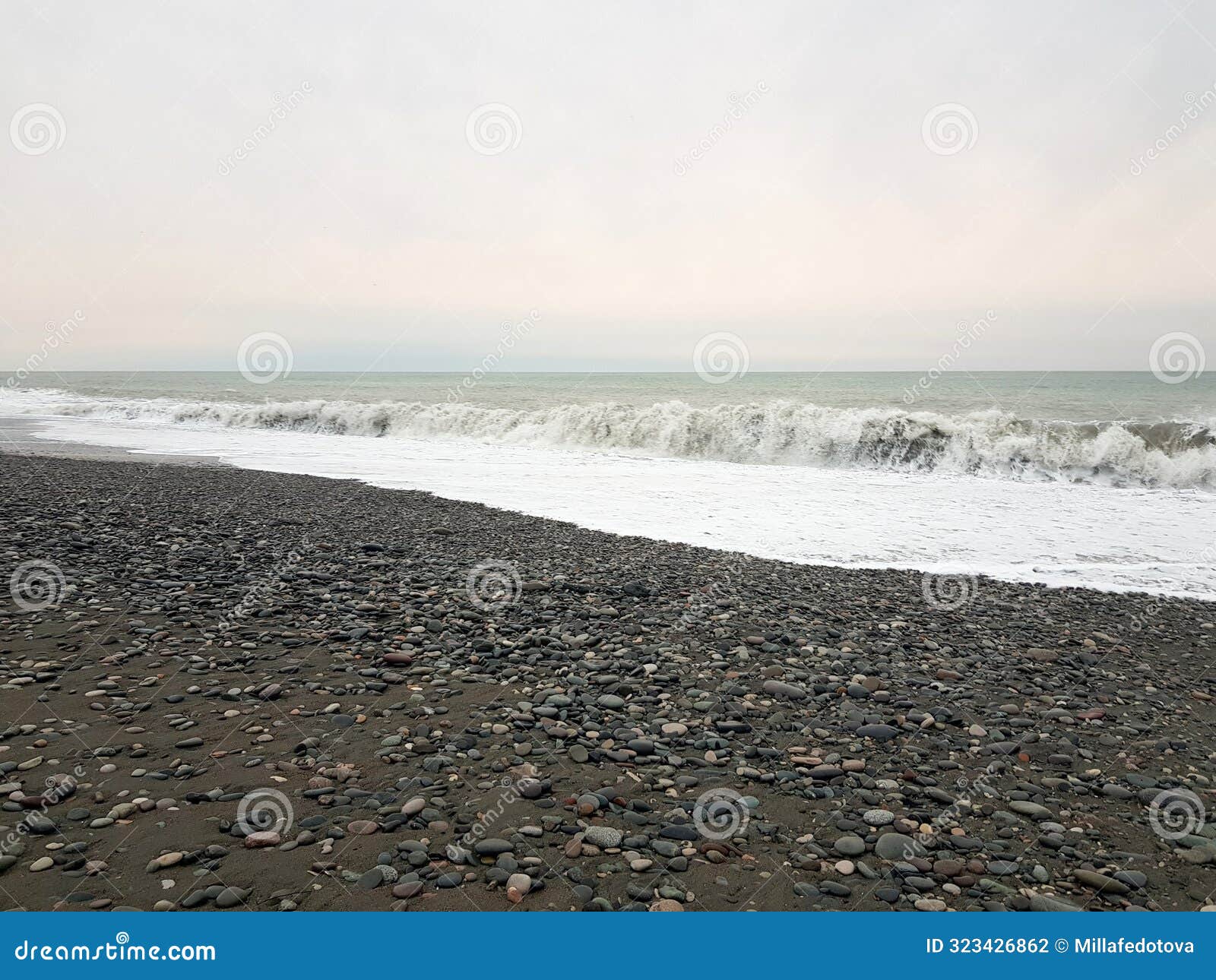 Dramatic Cold Ocean Background with Sea Wave and Beach with Black Sand ...