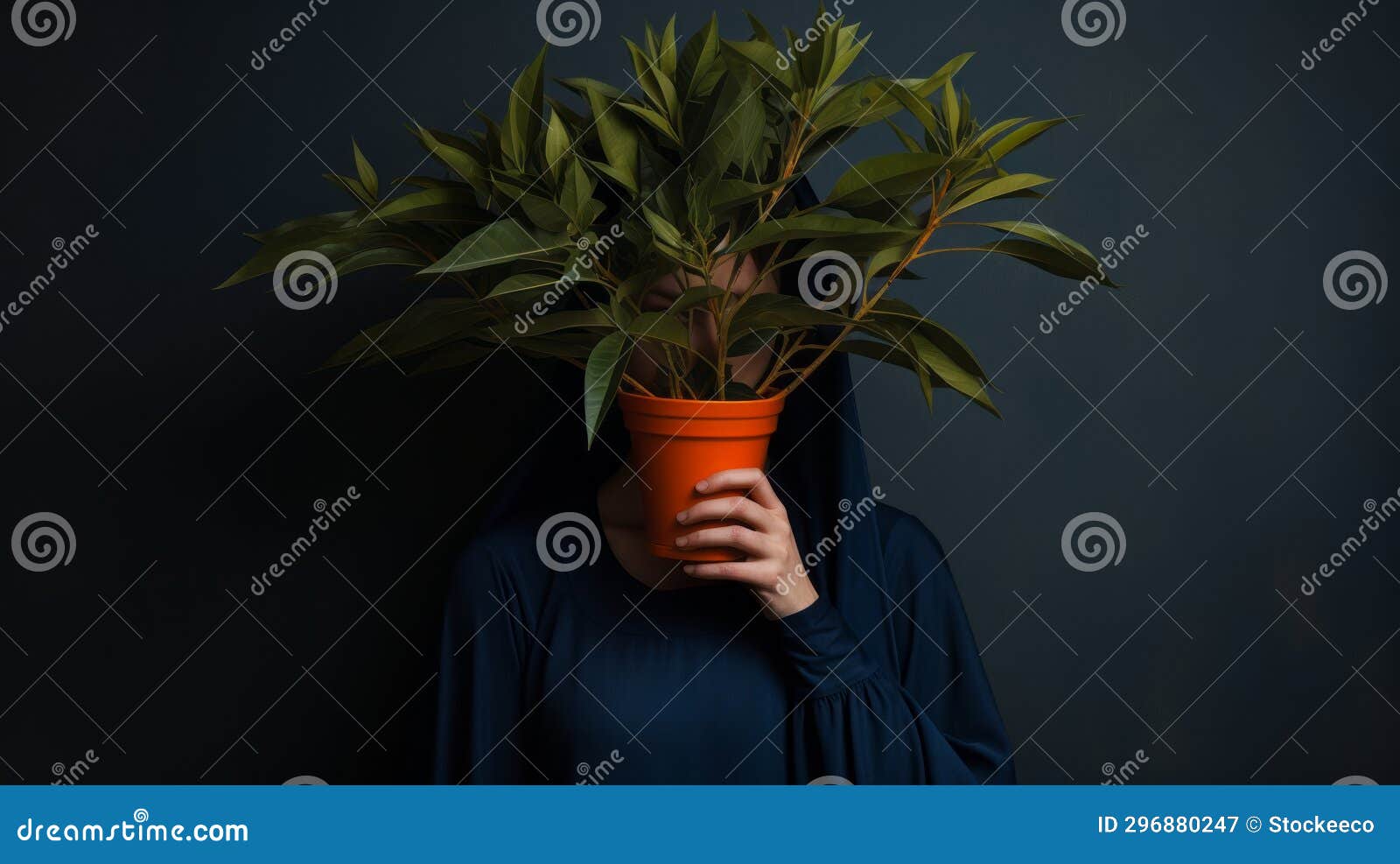 Dramatic Composition: Woman in Blue with Plant Covered Head Stock ...