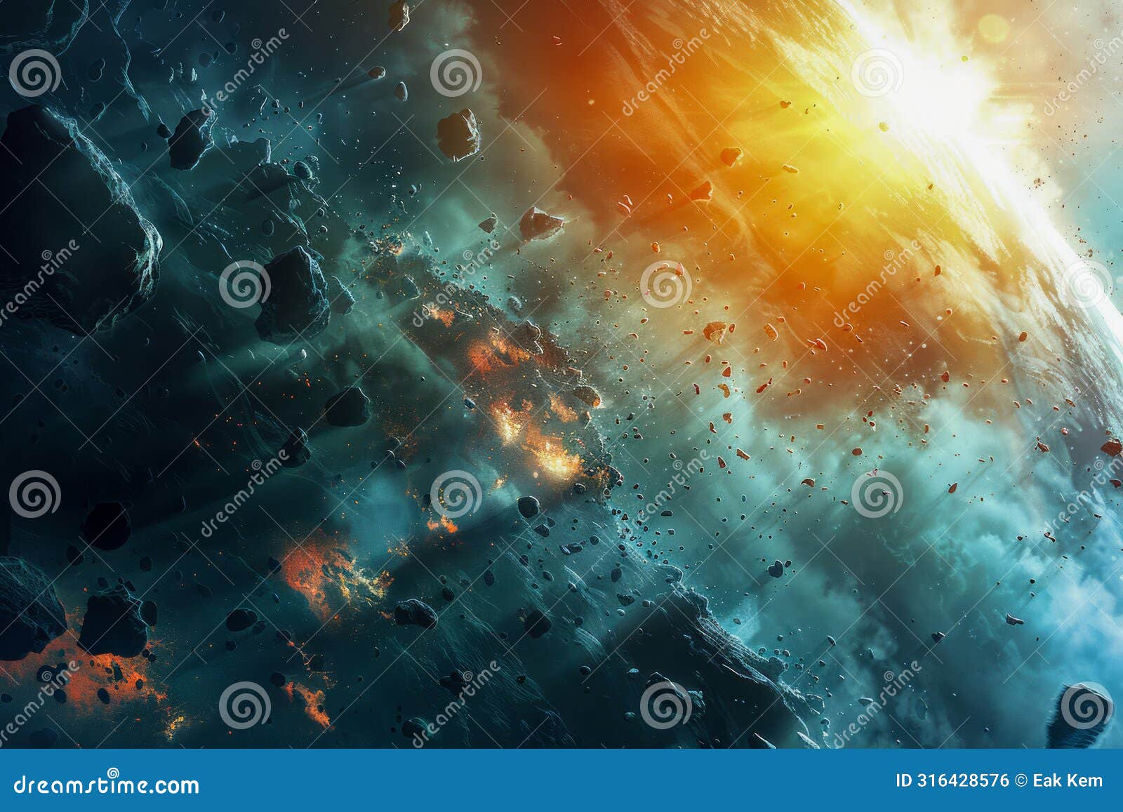 Dramatic Cosmic Scene with Exploding Planet, Meteorite Shower, and ...