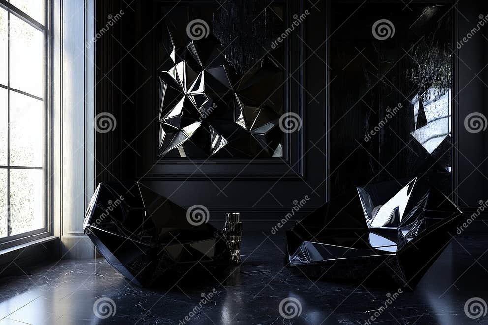 A Dramatic 3D Black Interior Featuring Sharp, Geometric Shapes and Deep ...