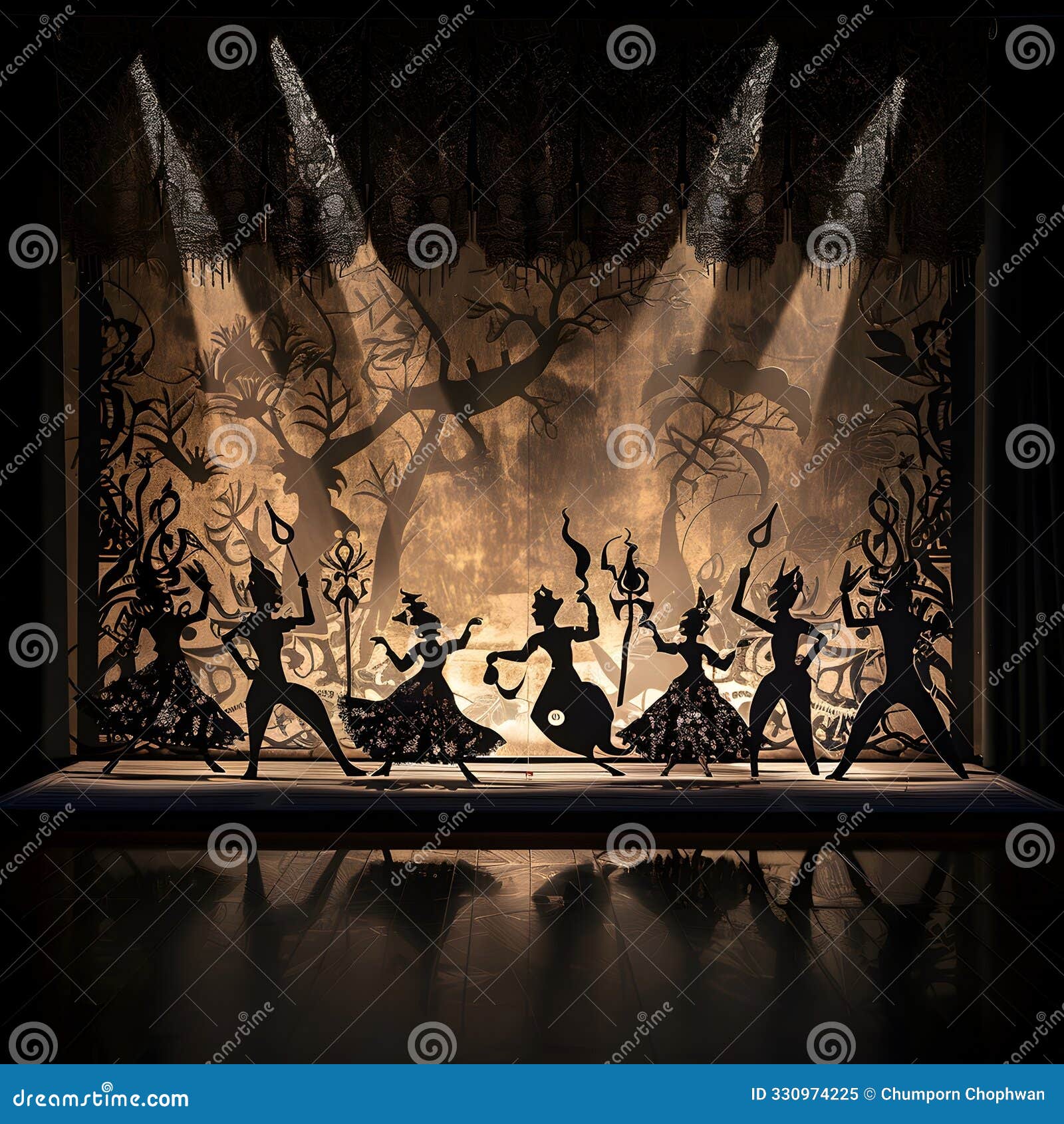 Dramatic 3D Rendered Shadow Puppets Performing Ancient Folktale on Minimalist Stage Stock ...