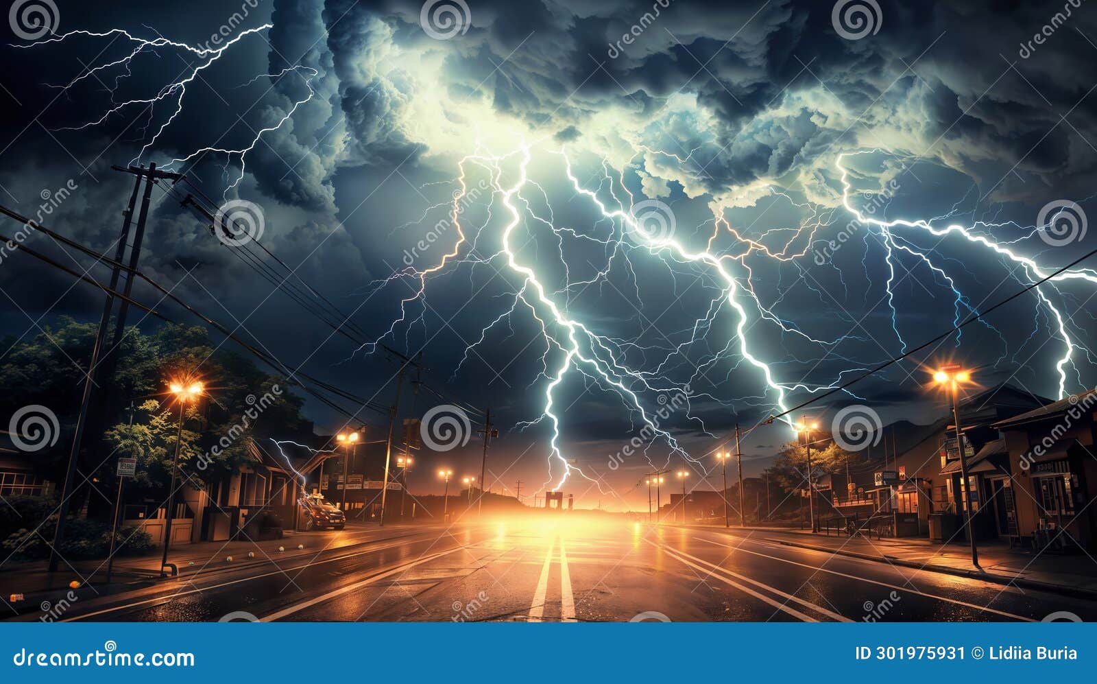 Lightning Strike on the Street at Night. 3d Rendering, Generative Ai ...