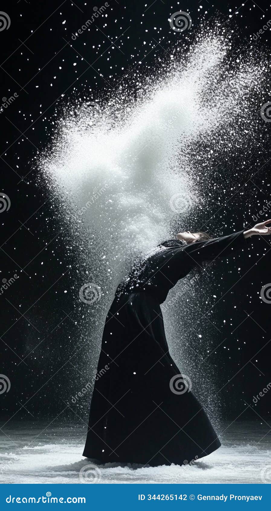 Dramatic Dance with Flour Explosion in Black Attire and Dark Setting ...