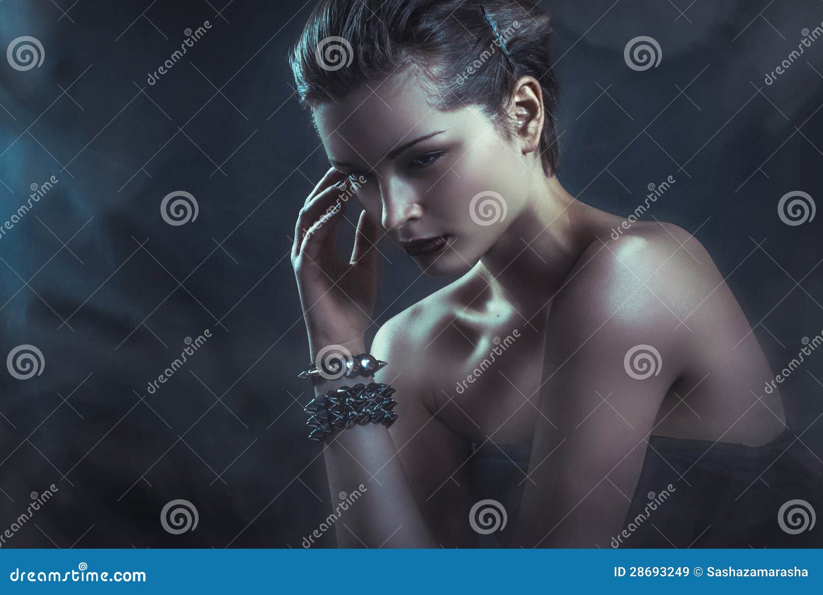 Dramatic Dark Portrait of Young Attractive Woman in Clouds of Smoke ...