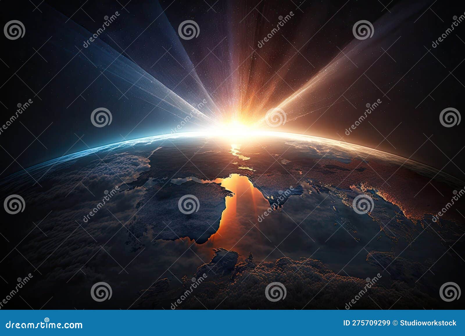 A Dramatic Dawn Over a Global Map, with Rays of Light Illuminating the ...