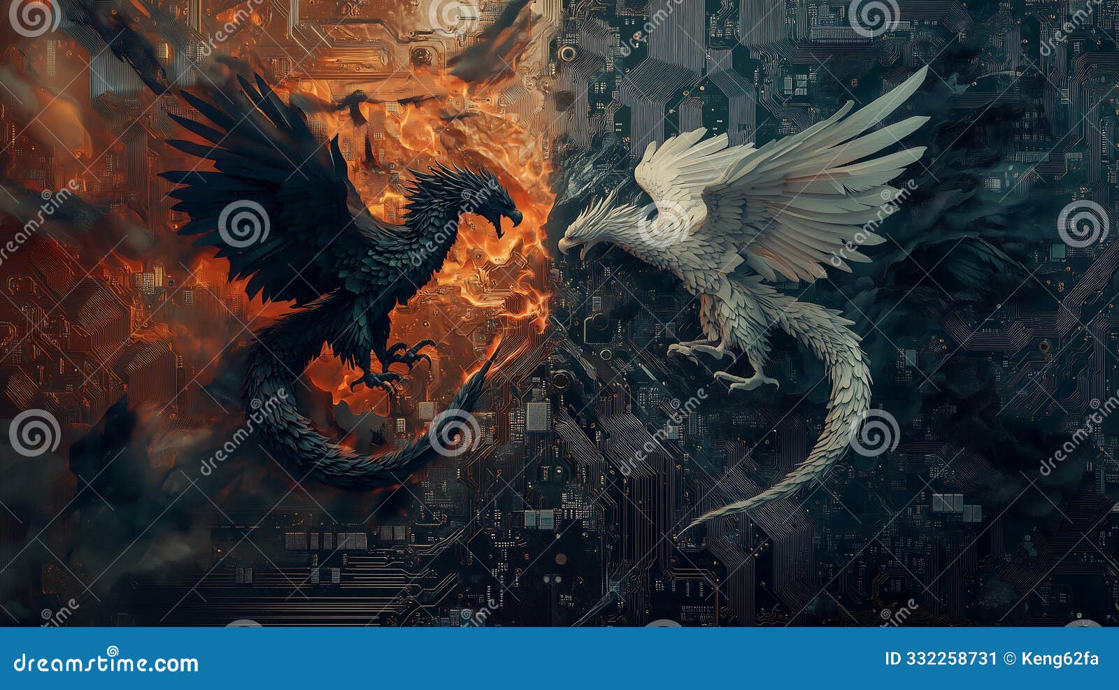 A Dramatic Depiction of a Dragon and Eagle Battling Over a Circuit ...