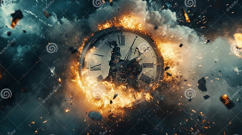 Vintage Clock Explosion with Flying Debris and Fire Stock Photo - Image ...