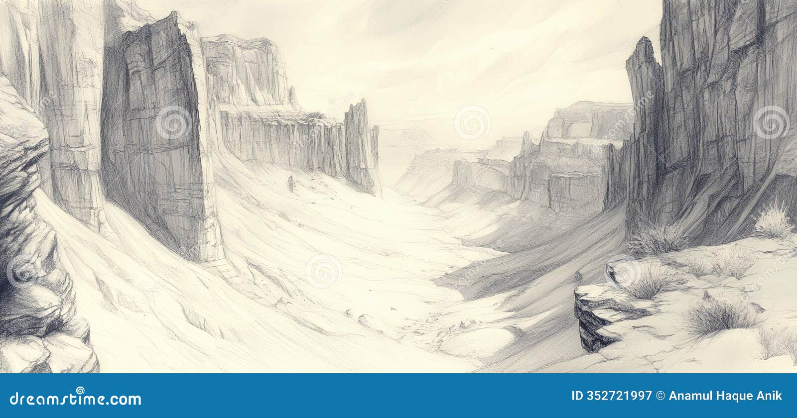 Dramatic Desert Canyon Pencil Sketch Cliff Rock Formations Nature ...