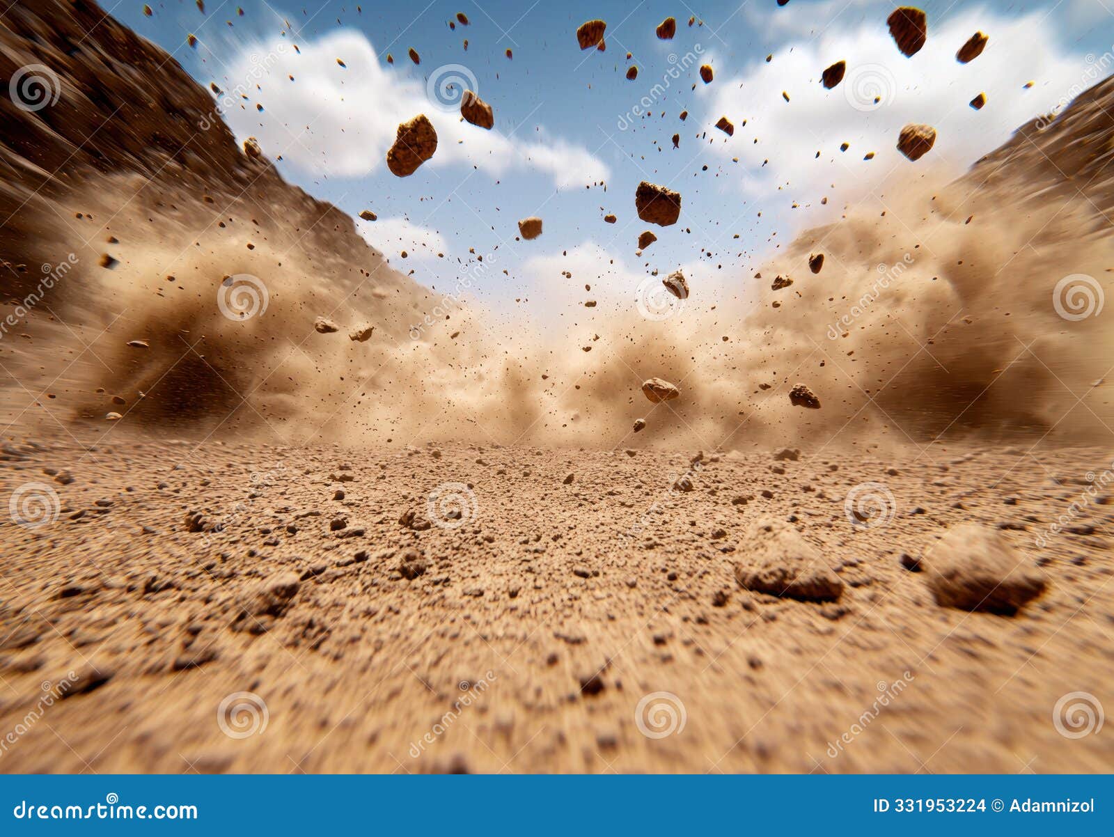 Dramatic Desert Explosion with Flying Rocks and Dust Stock Illustration ...