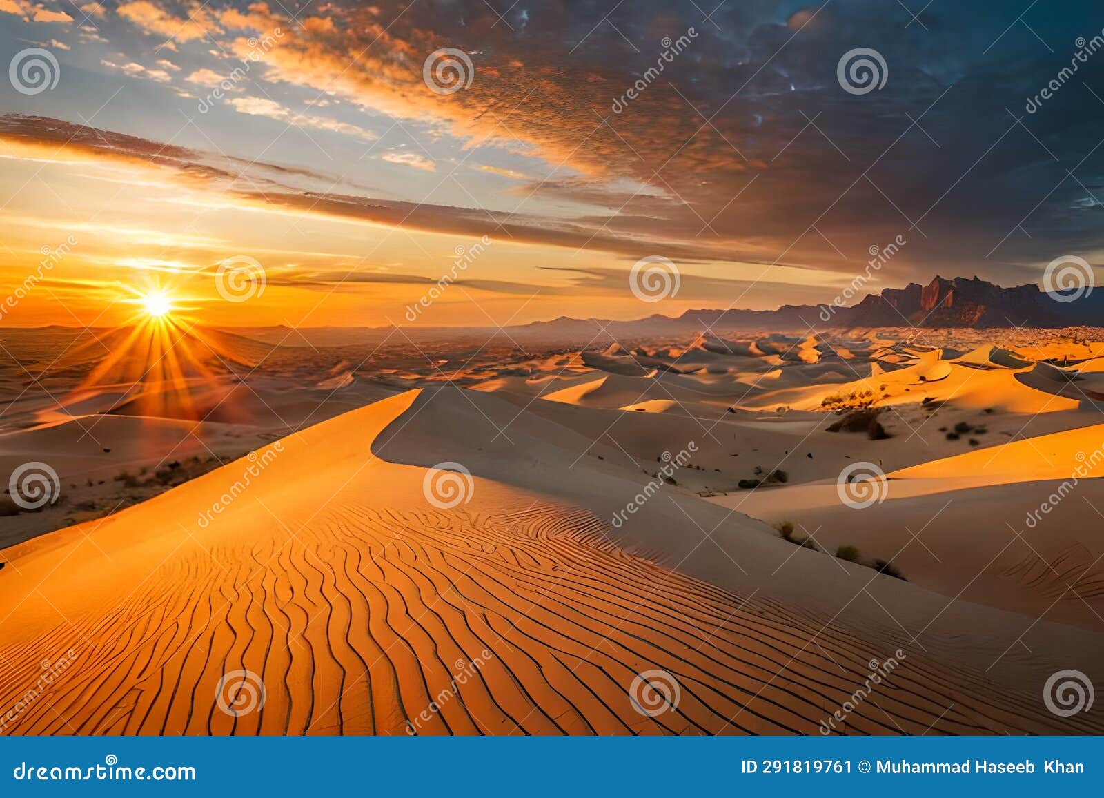 A Dramatic Desert Landscape with Rolling Sand Dunes Under a Blazing ...