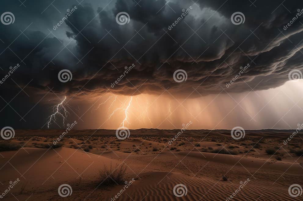 Dramatic Desert Thunderstorm with Lightning Strikes.. Generative AI Stock Photo - Image of ...