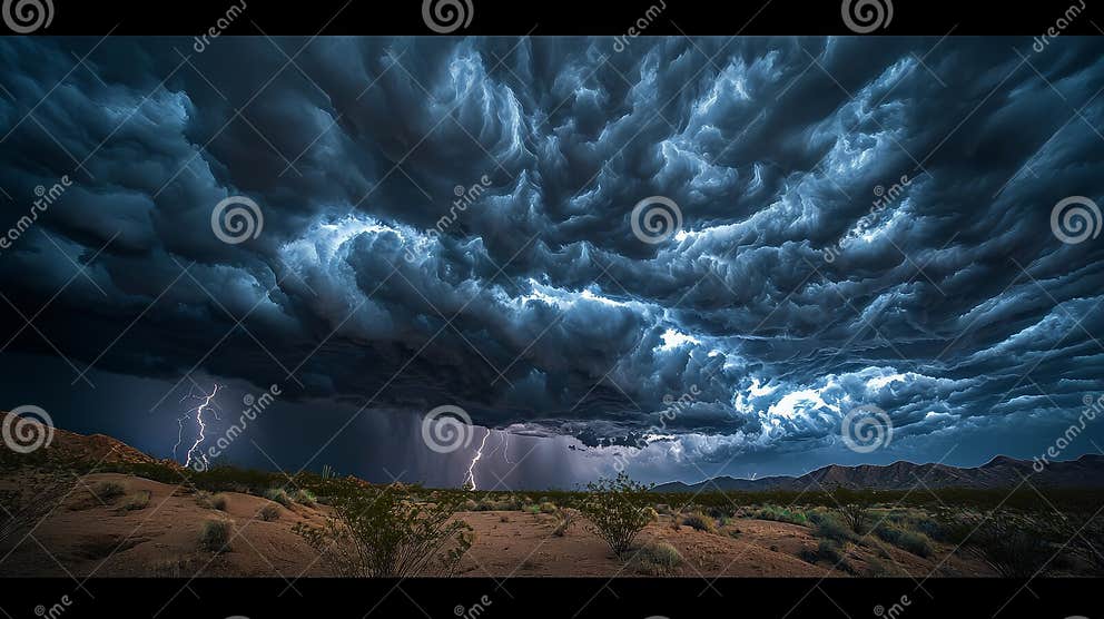 Dramatic Desert Thunderstorm with Lightning Striking the Ground Stock ...
