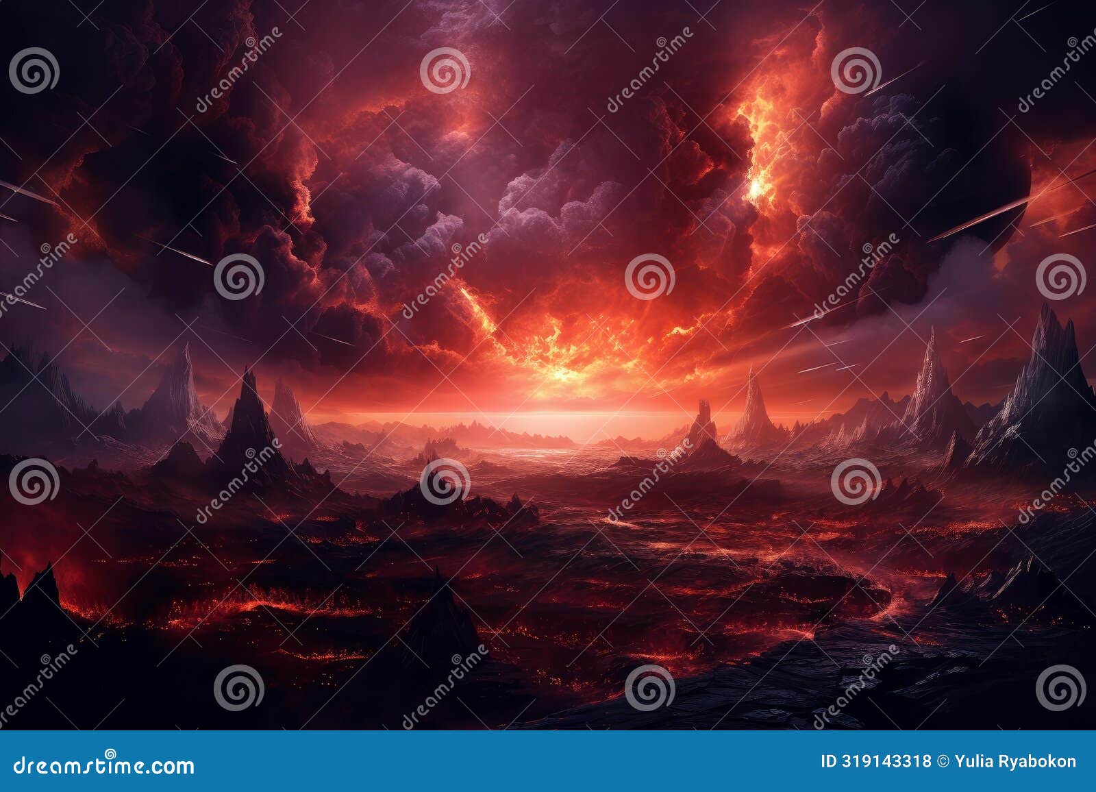 Apocalyptic Landscape with Fiery Sky and Meteor Showers Stock Photo ...
