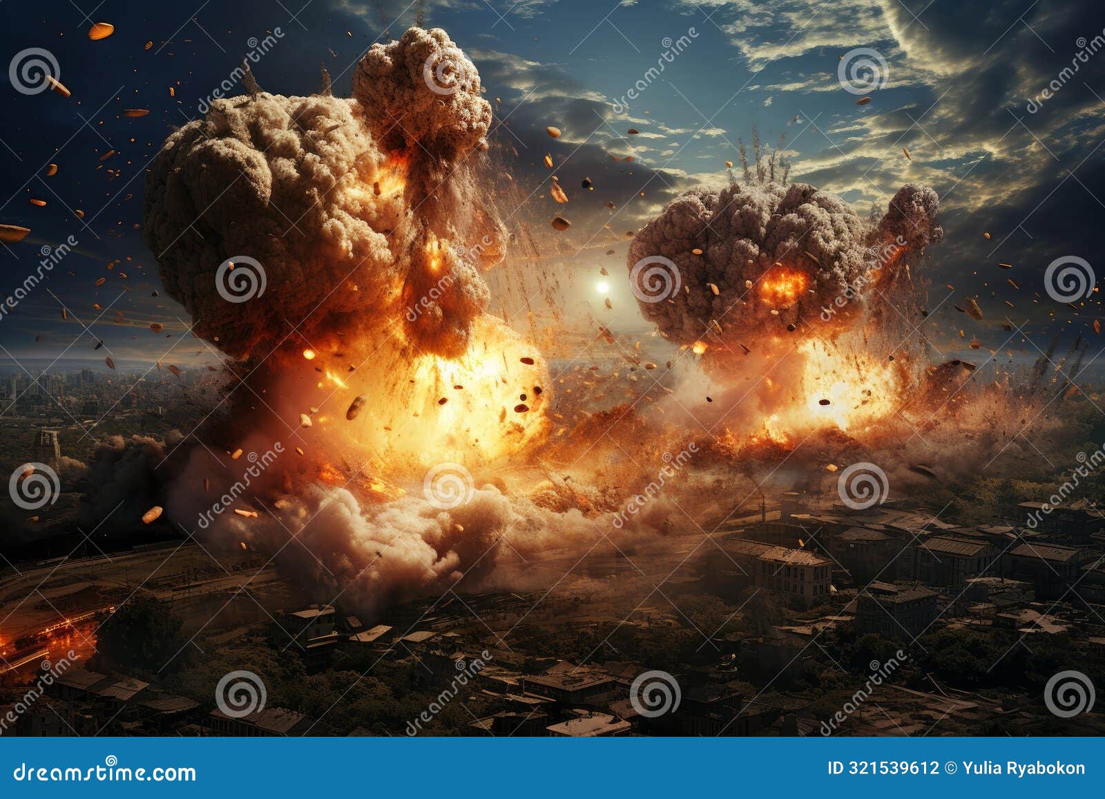 Dramatic Digital Illustration of Massive Explosions Devastating a ...
