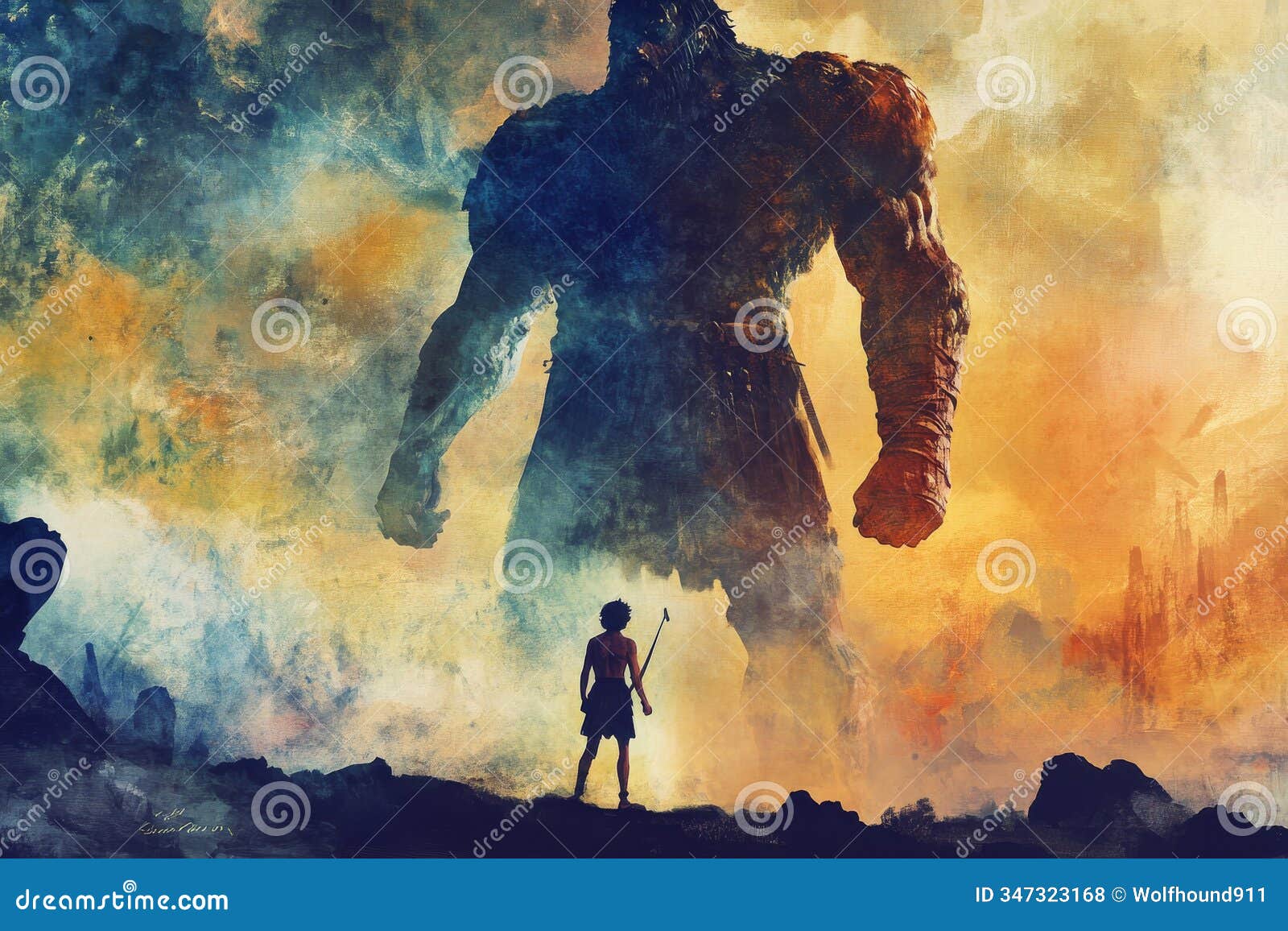 A Dramatic Digital Watercolor Painting of Young David Standing before ...