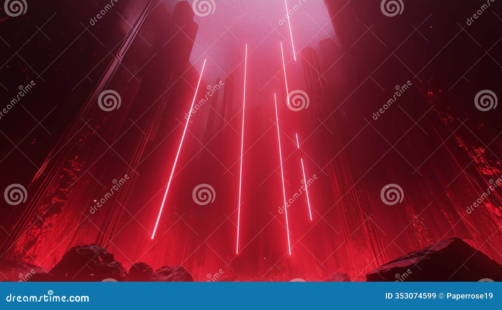 A Dramatic Display of Red Light Rays with Floating Particles Stock ...