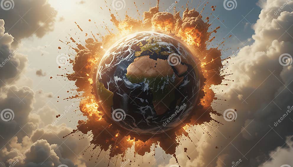 A Dramatic Earth Explosion with Fiery Debris Amidst a Cloudy Sky Stock ...