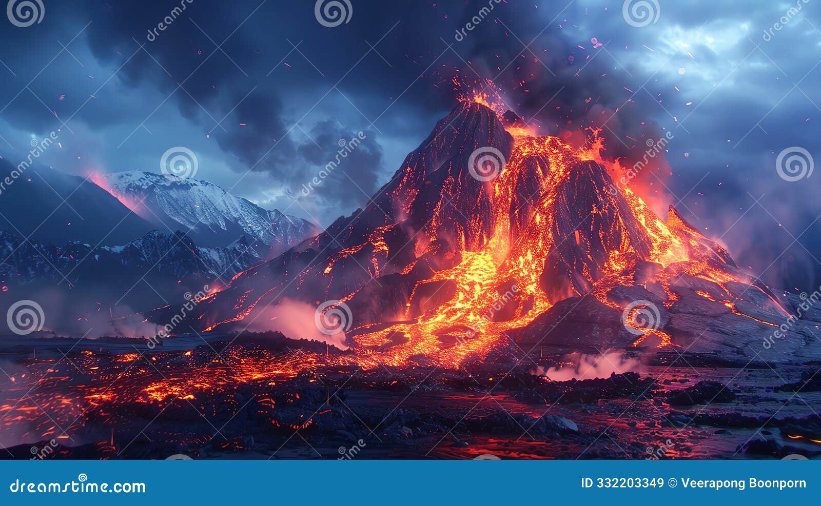 A Dramatic Eruption of a Volcano, with Lava Flowing Down the Side and ...
