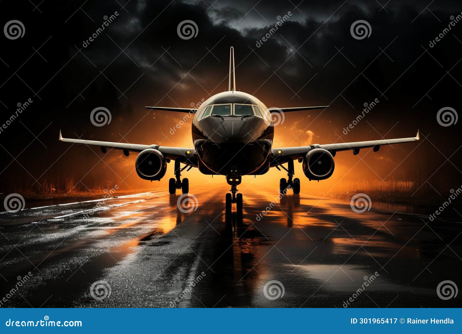Dramatic Evening Scene of Airliner Preparing for Take-Off on Wet Runway ...
