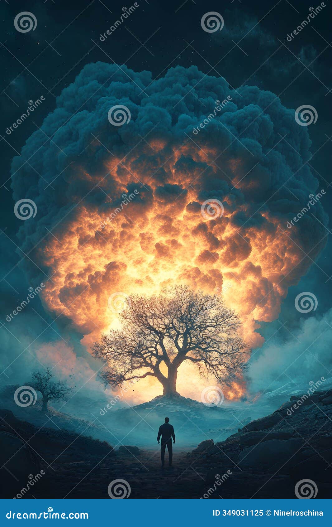 Dramatic Explosion Behind a Large Tree in a Surreal Nighttime Landscape ...