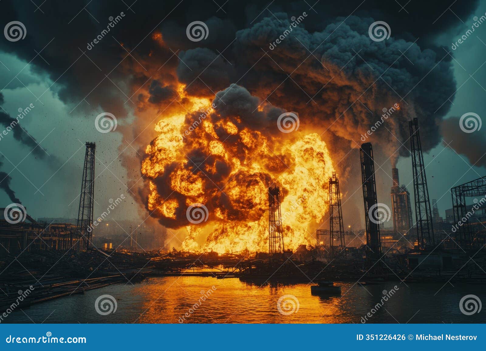 Dramatic Explosion Causing Massive Fireball and Smoke Over Industrial ...
