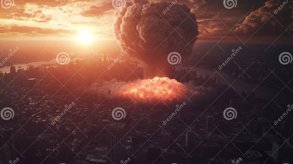 Dramatic Explosion of a Nuclear Mushroom Cloud Over a City Skyline ...