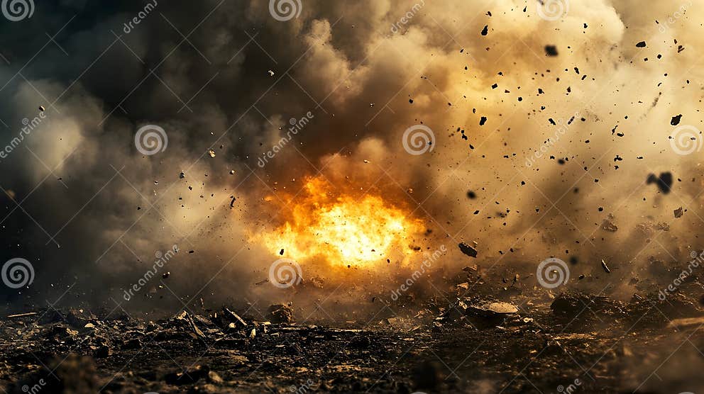 Dramatic Explosion Scene with Flying Debris and Thick Smoke Stock Image ...