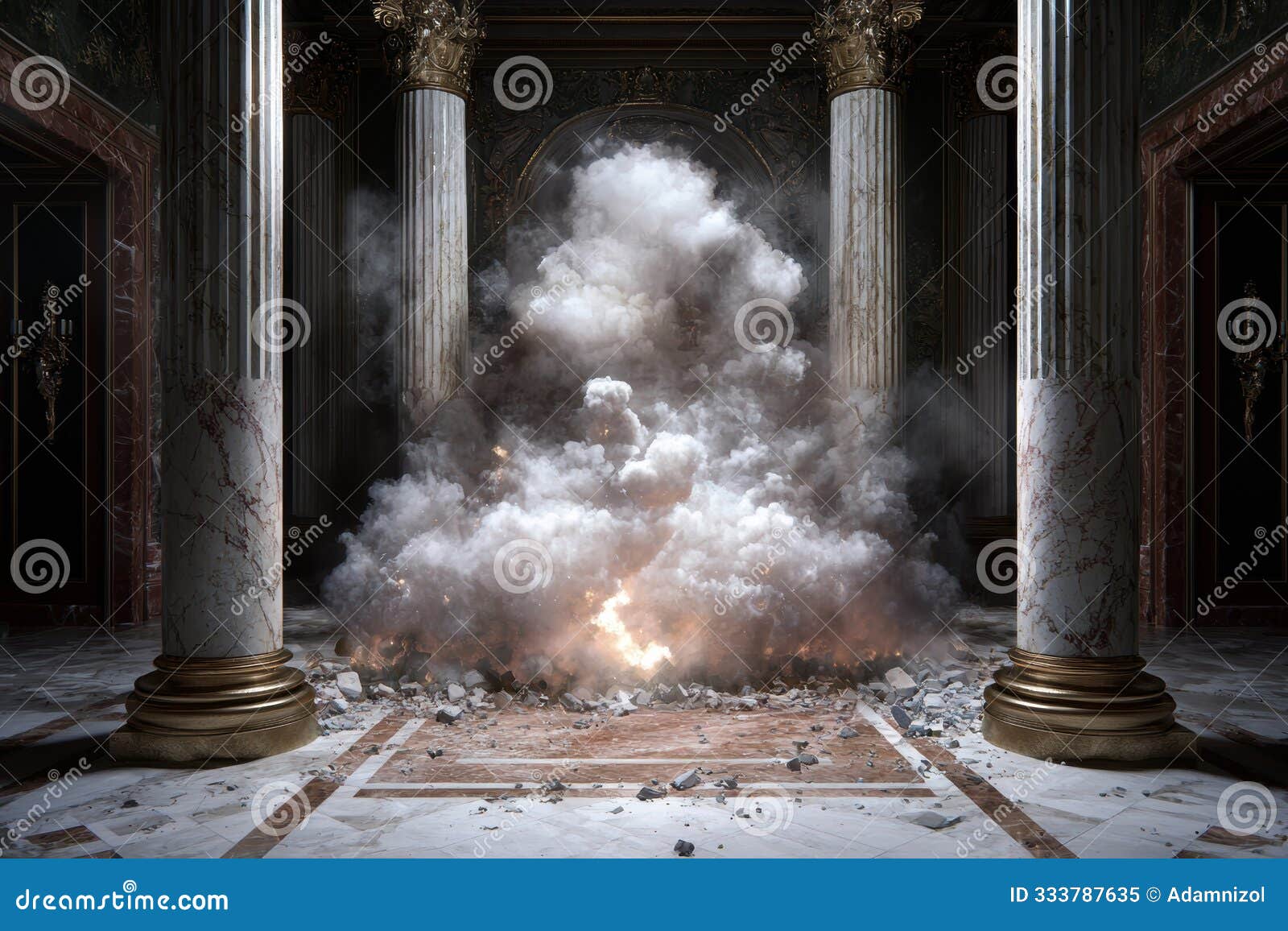 Dramatic Explosion of Smoke and Debris in Ornate Architectural Interior ...