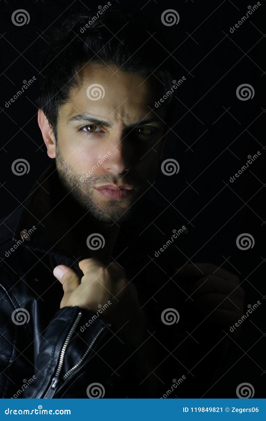 Dramatic Fashion Man Model in Black Leather Jacket Stock Image - Image ...