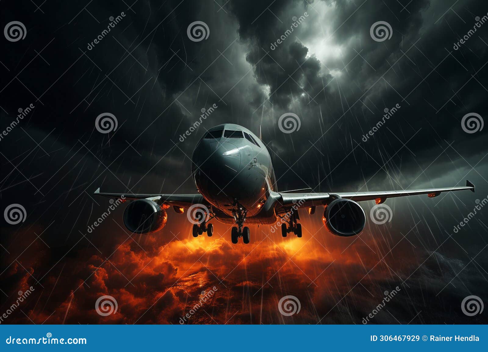 Large Passenger Plane in Stormy Weather among Rain and Thunder Clouds ...