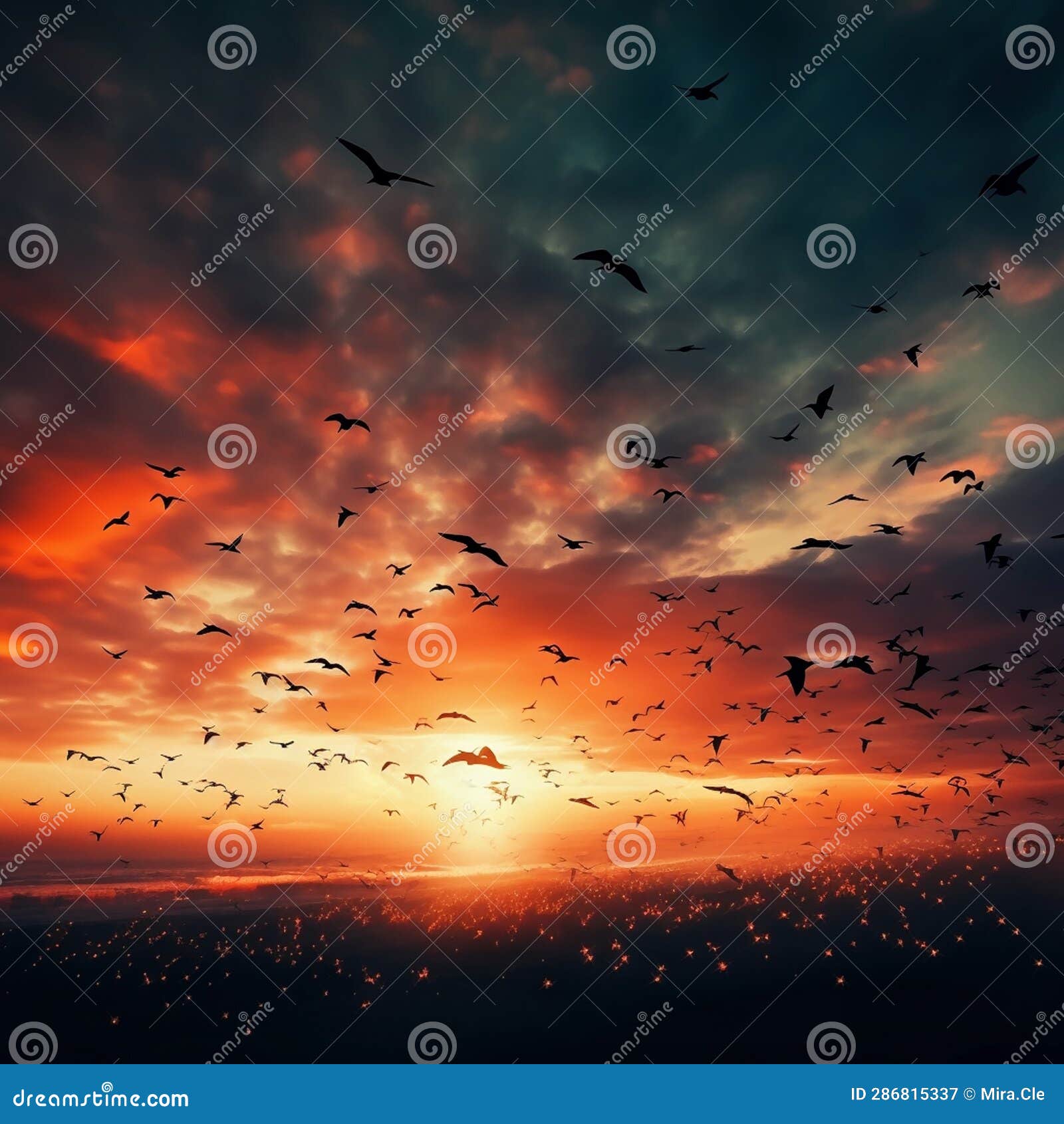 Dramatic Flock of Birds Flying in the Sunset, Created with Generative ...