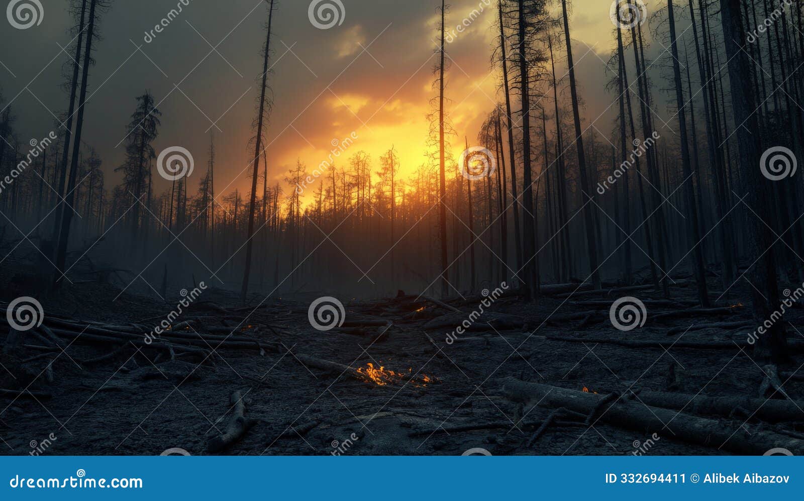 Dramatic Forest Fire Aftermath at Dusk with Charred Trees and Glowing ...