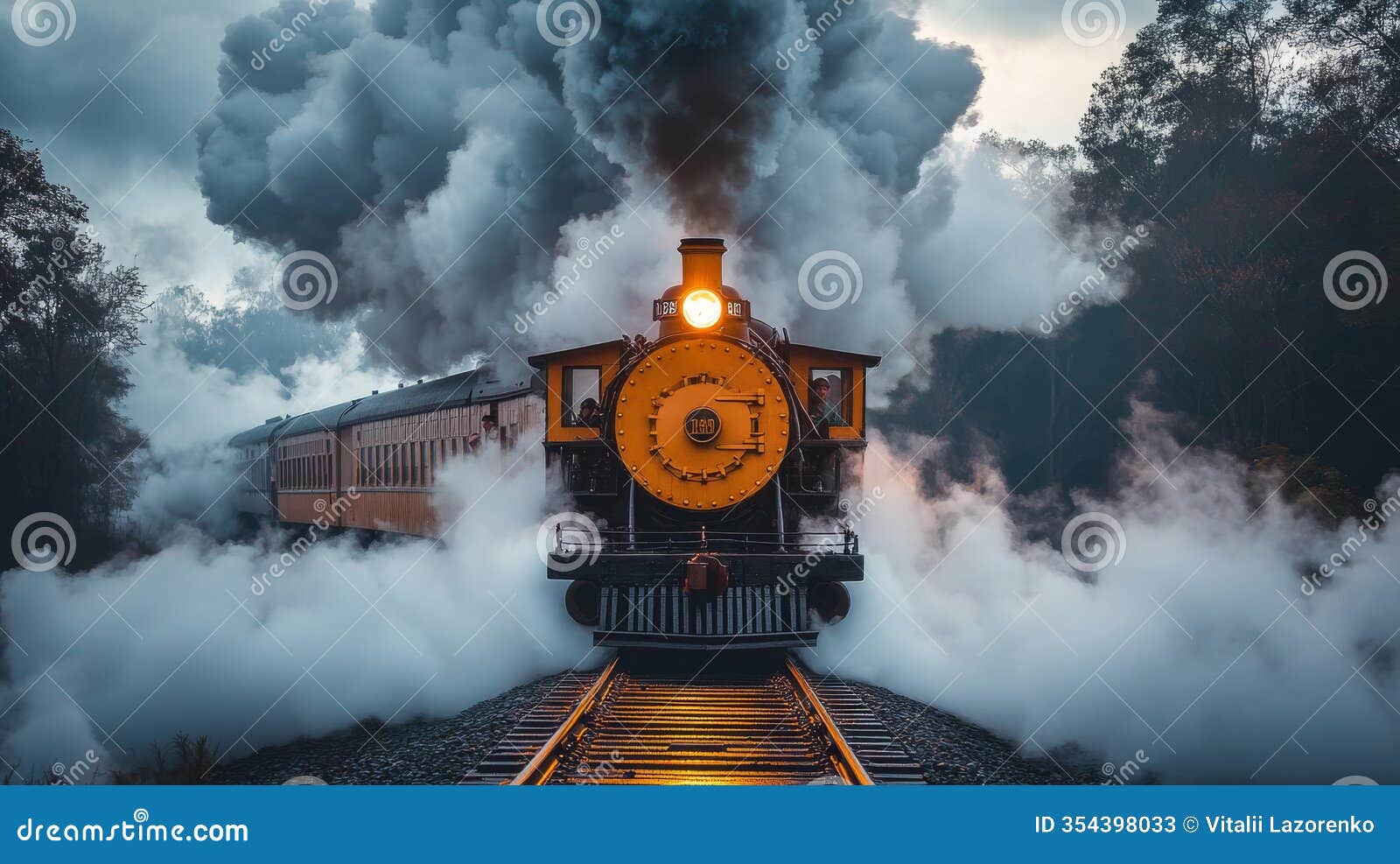 Dramatic Front View of Vintage Steam Train Journey through Misty ...