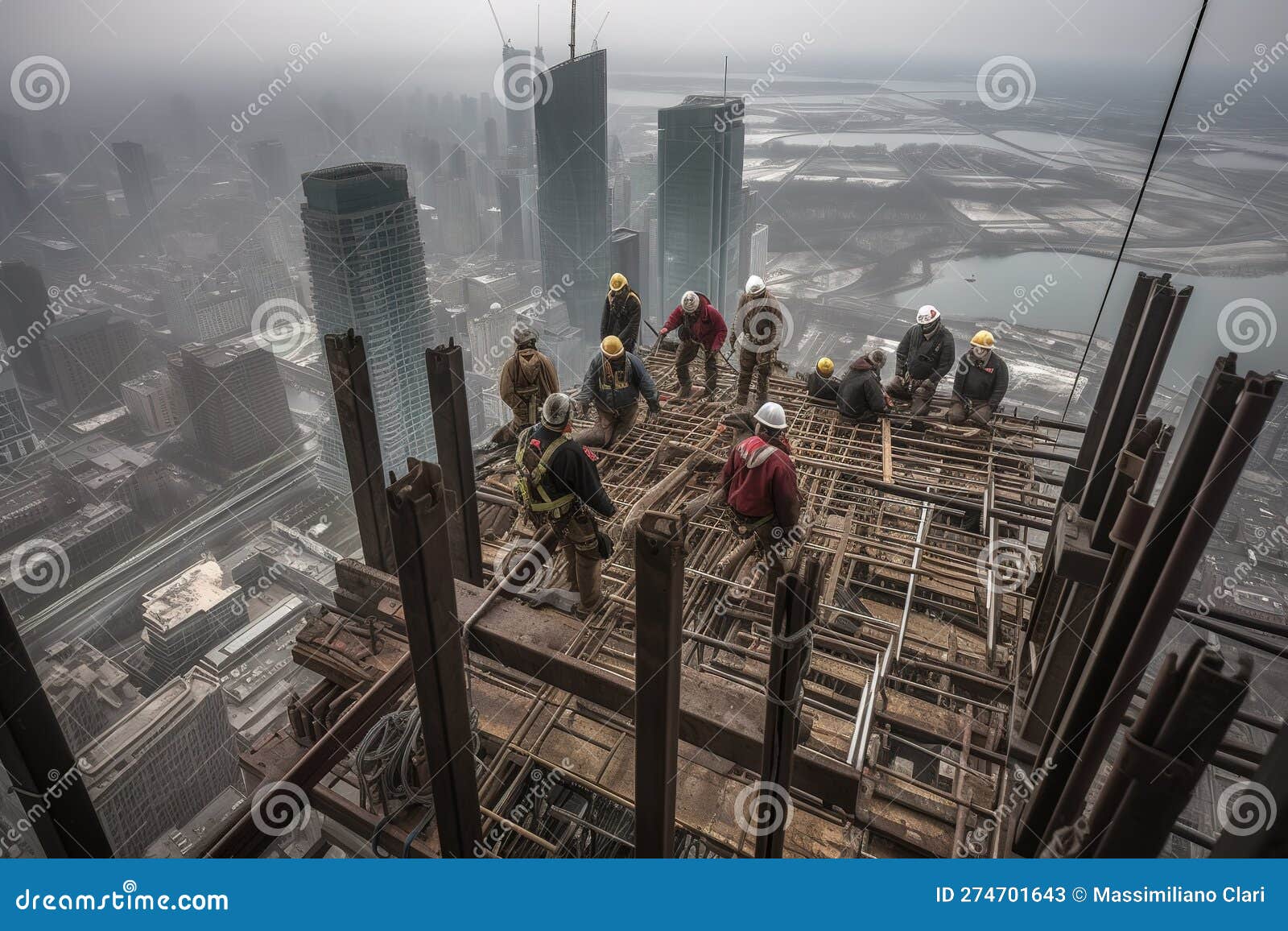 A Dramatic, High-angle Shot of Skyscraper Builders Working at Dizzying ...