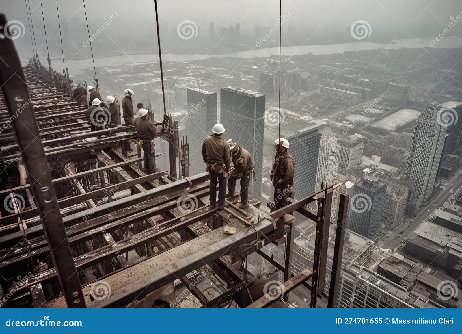 A Dramatic, High-angle Shot of Skyscraper Builders Working at Dizzying ...