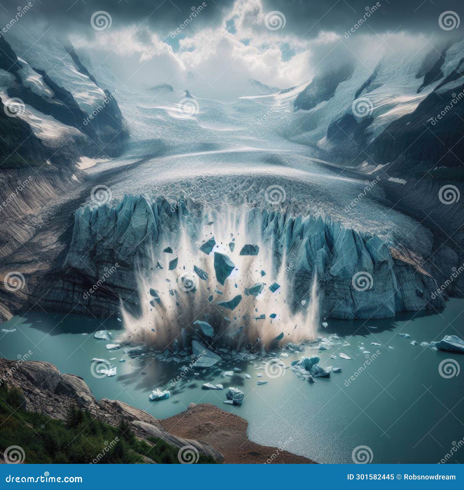 Ice Cracks and Falls Dramatically from Moving Glacier Stock ...