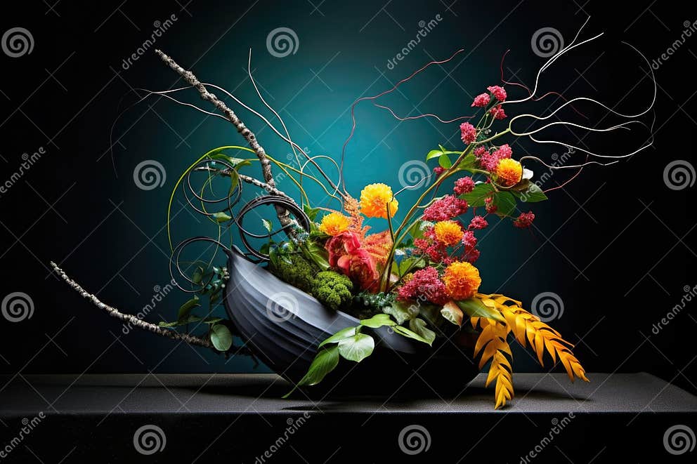Dramatic Ikebana Composition with Bold Colors and Shapes Stock Photo ...