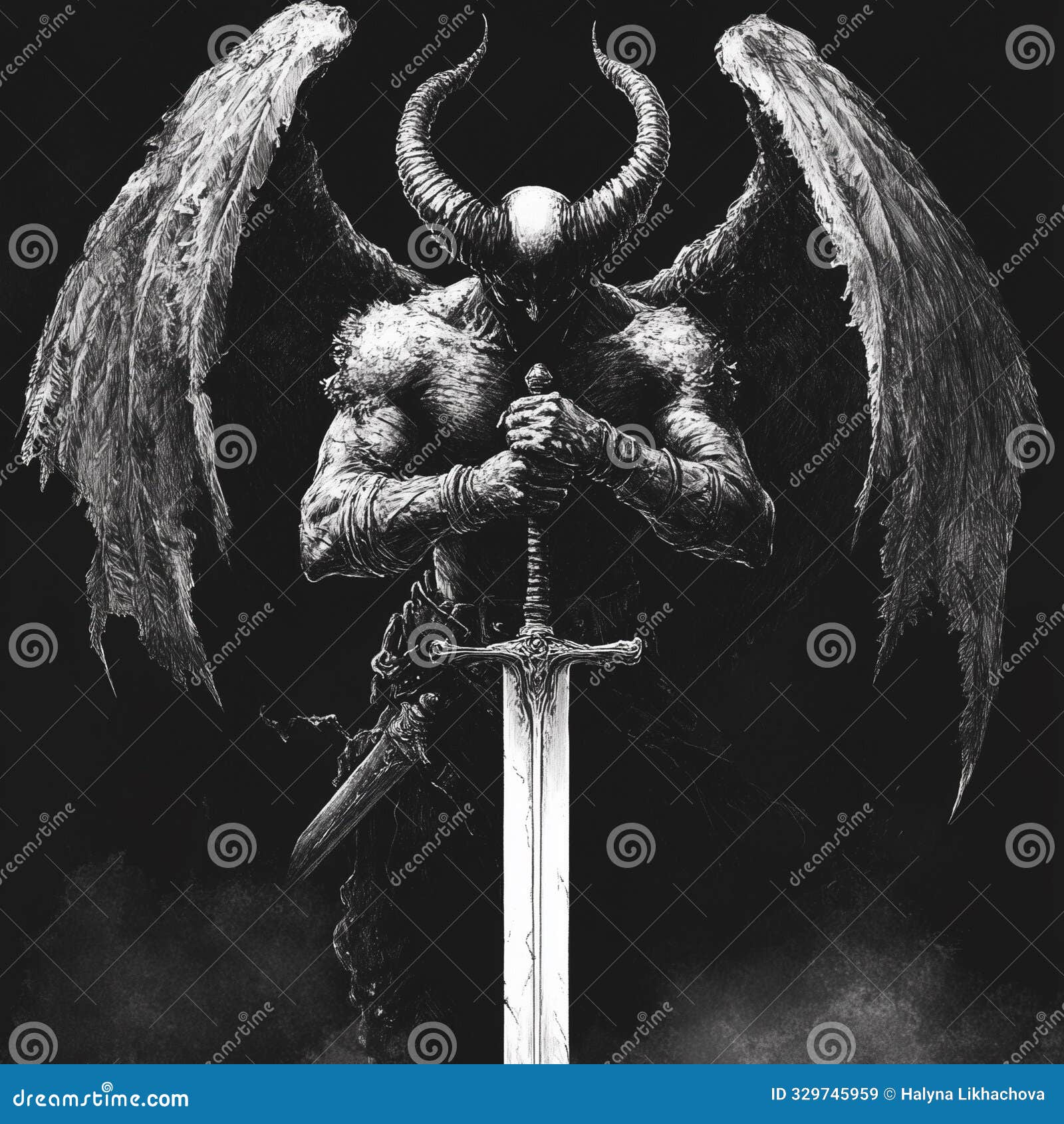 Dramatic Illustration of a Dark Winged Warrior with Horns Holding a ...