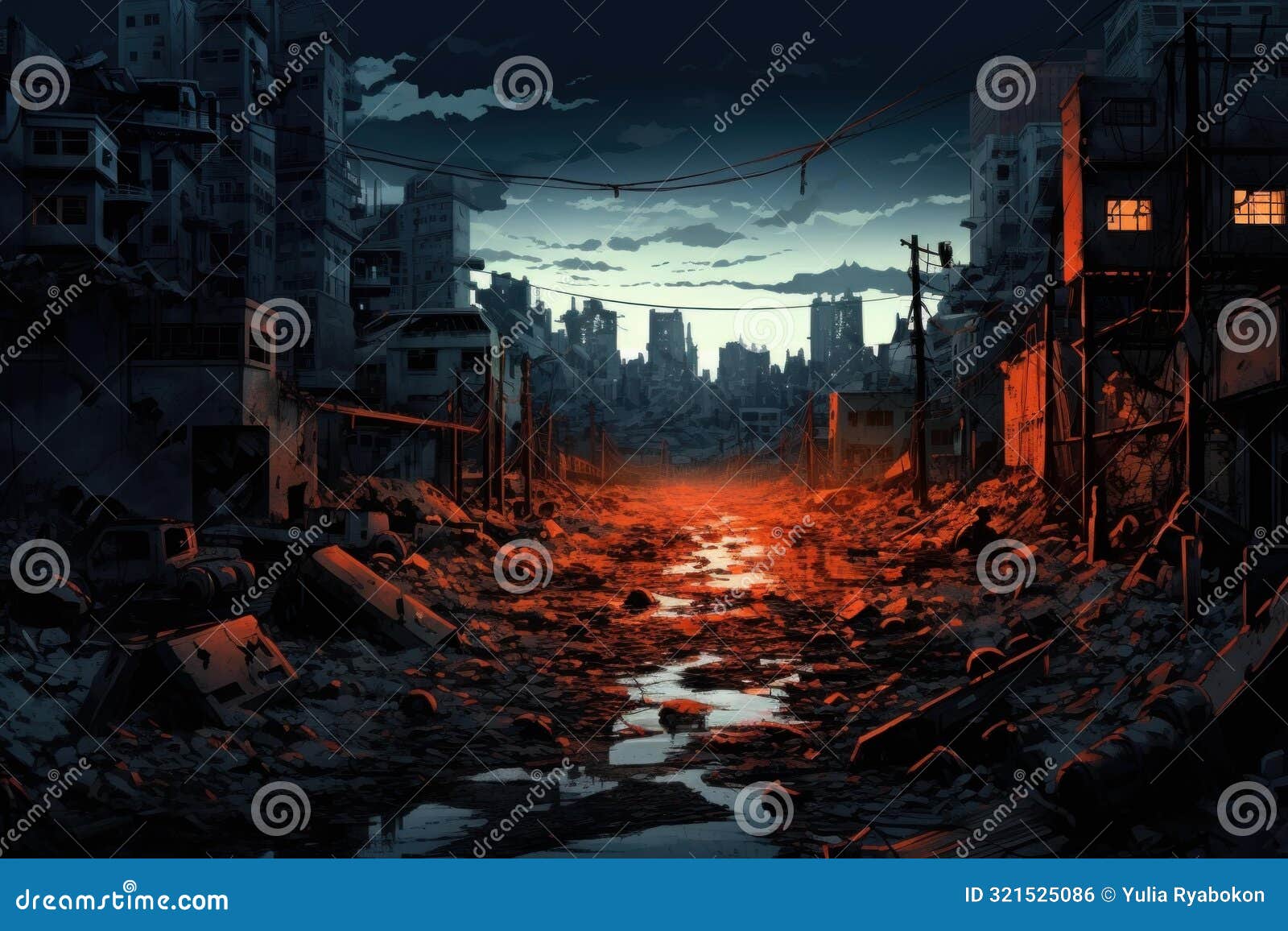 Dramatic Illustration of a Desolate City Street at Twilight in a Post ...