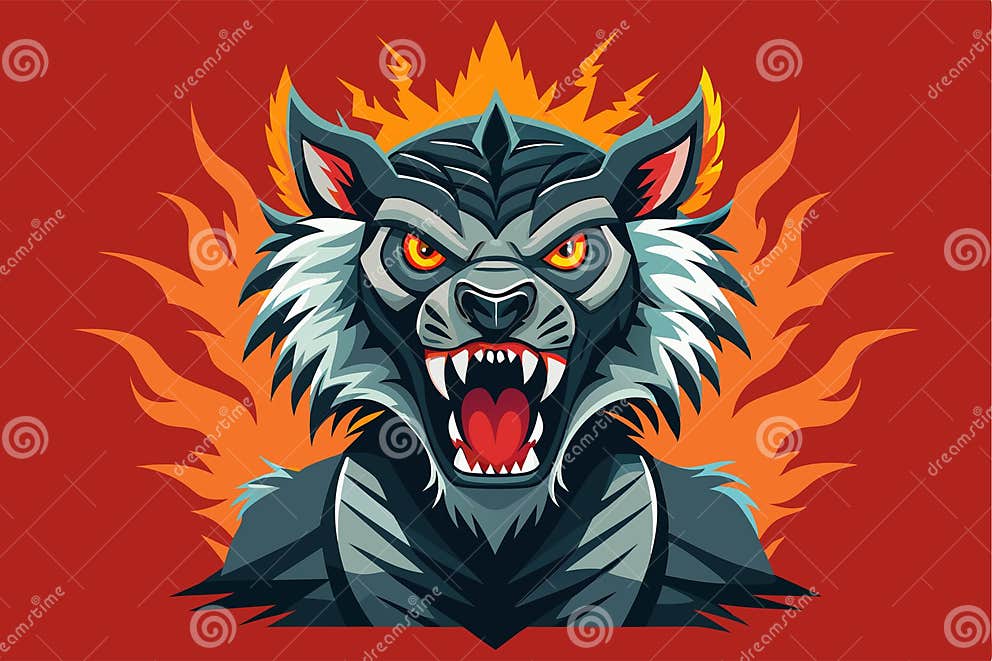 A Dramatic Illustration of a Fierce Wolf with Sharp Teeth and Vibrant ...