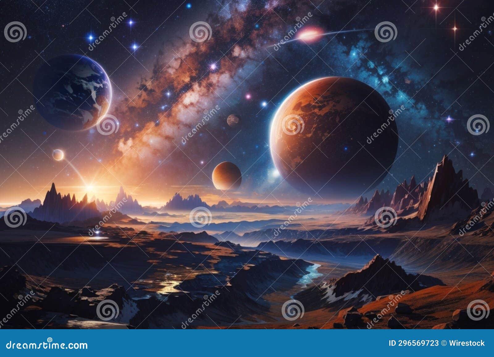 Planets on the Horizon of a Vast Rocky Planet, in the Outer Sky Stock ...