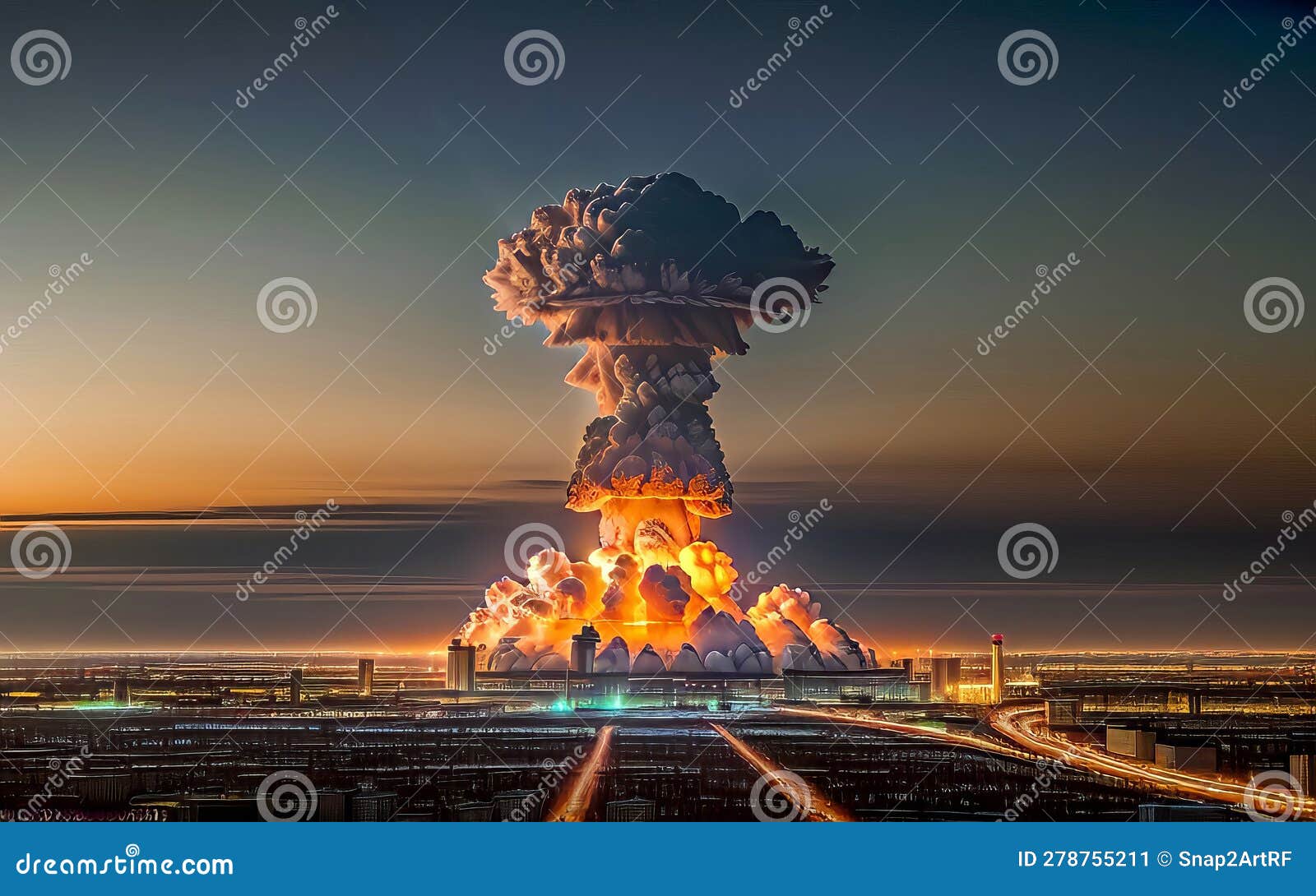 Dramatic Image Of An Atom Bomb Exploding In A Modern City At Dusk ...