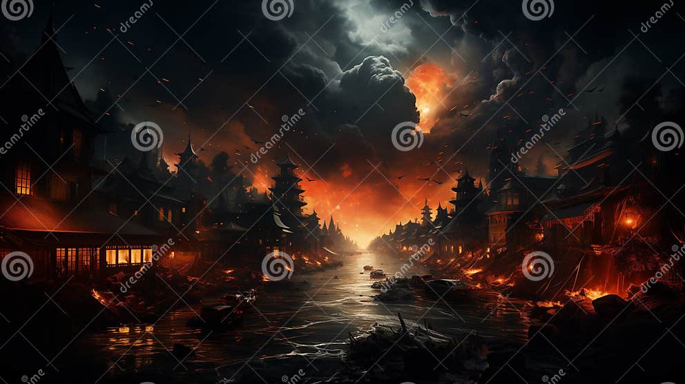 Intense War Zone Scene with Tank Amidst Conflict and Destruction Stock ...