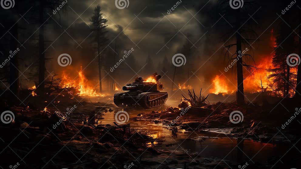 Intense War Zone Scene with Tank Amidst Conflict and Destruction Stock ...