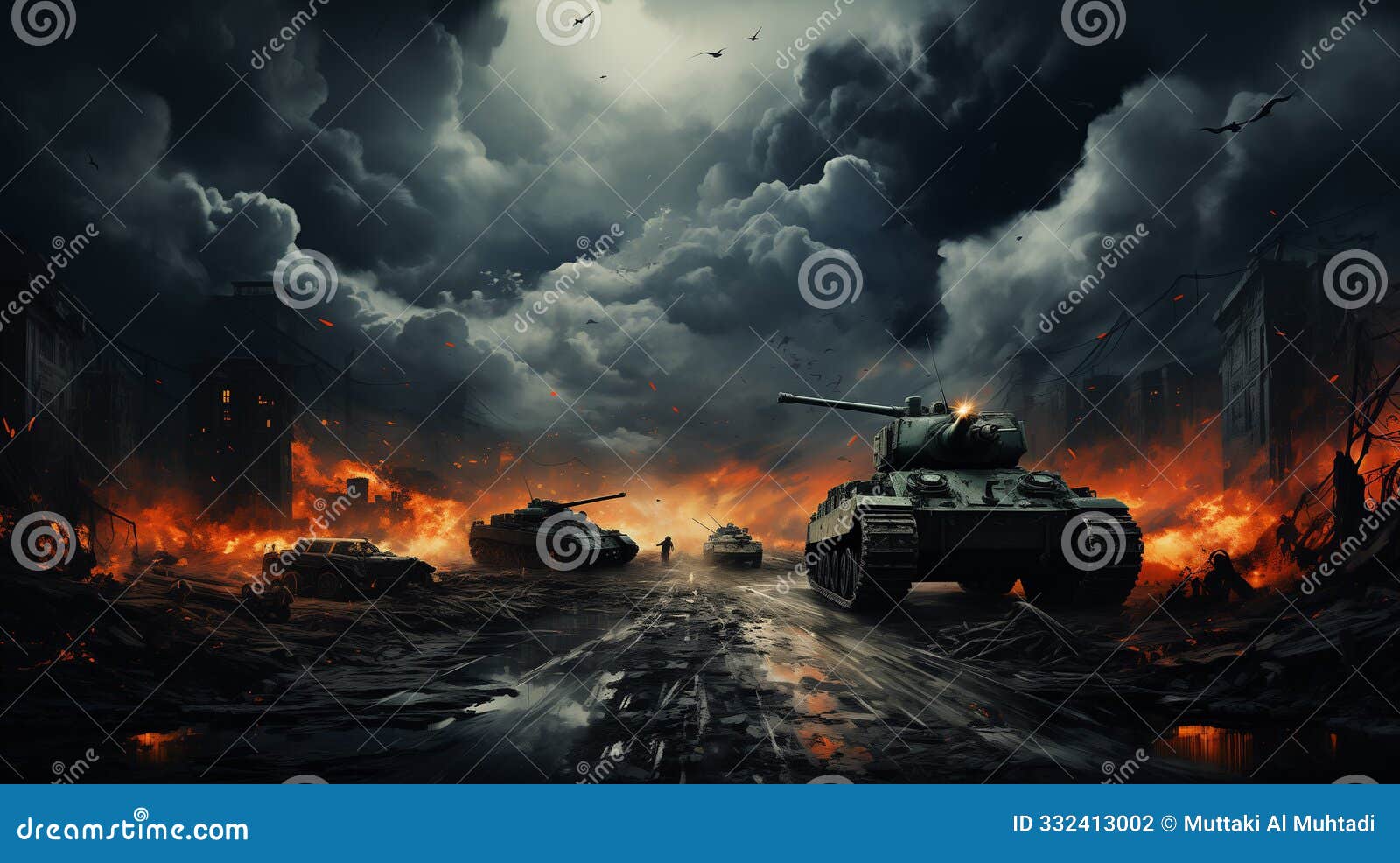 Intense War Zone Scene with Tank Amidst Conflict and Destruction Stock ...