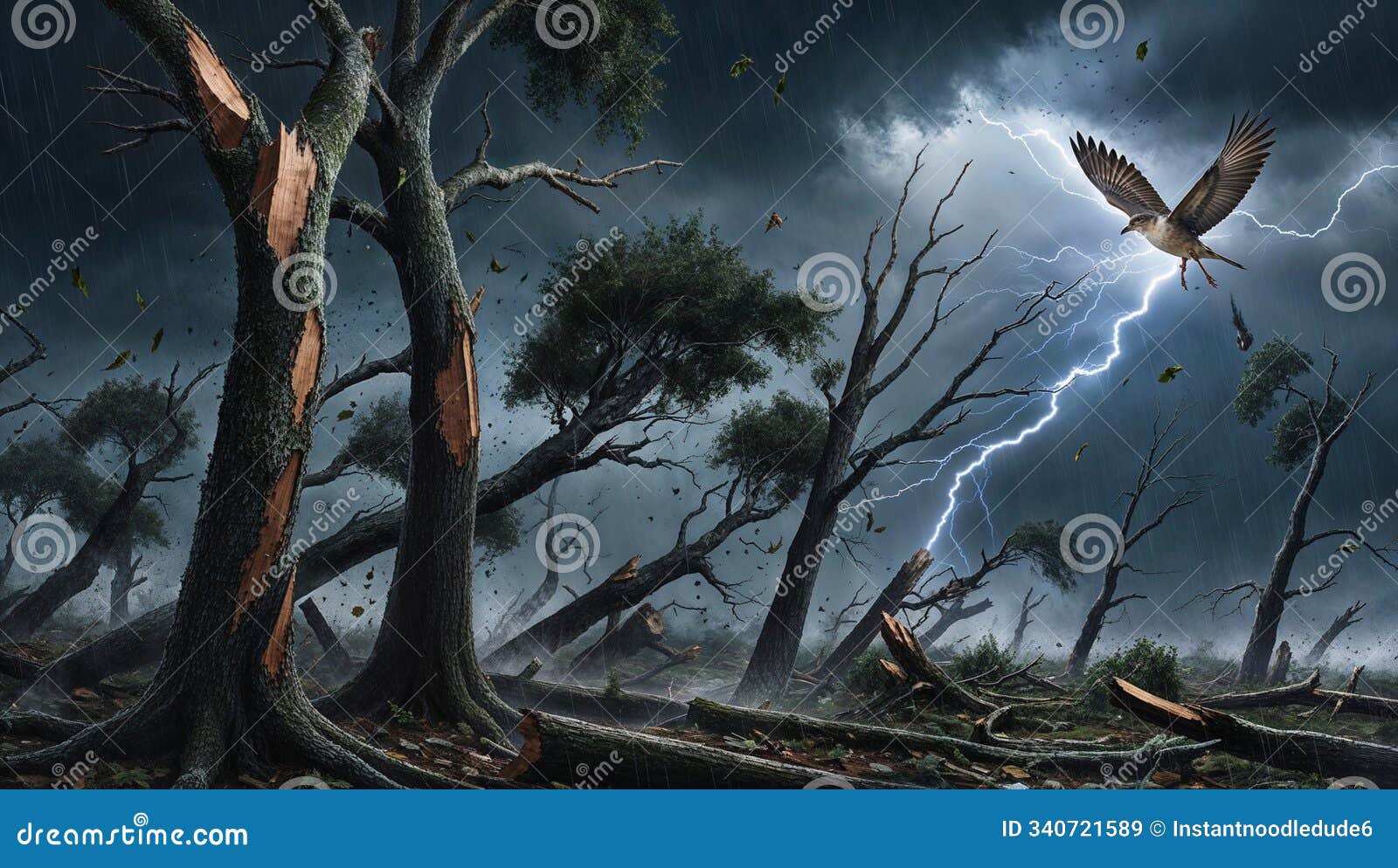Trees Snapping in Strong Winds – a Lone Bird Flying through the Storm ...