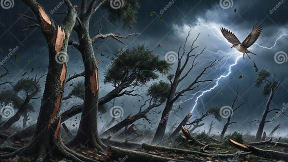Trees Snapping in Strong Winds – a Lone Bird Flying through the Storm ...
